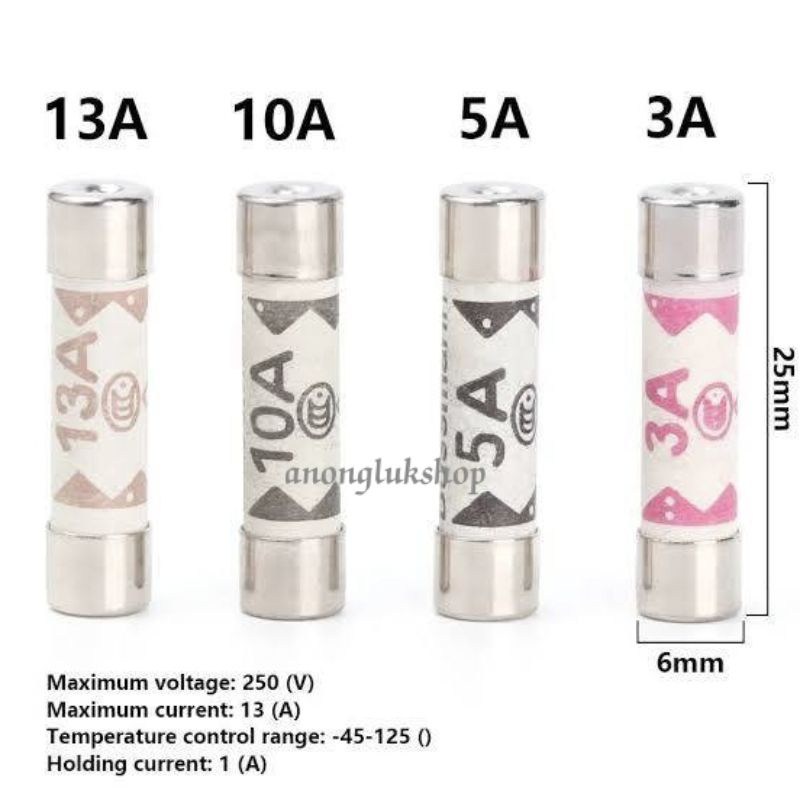 1ตัว ฟิวส์เซรามิก (Fuse ceramic) 6x25MM. BS1362 250V มี 2A 3A 5A 10A ...