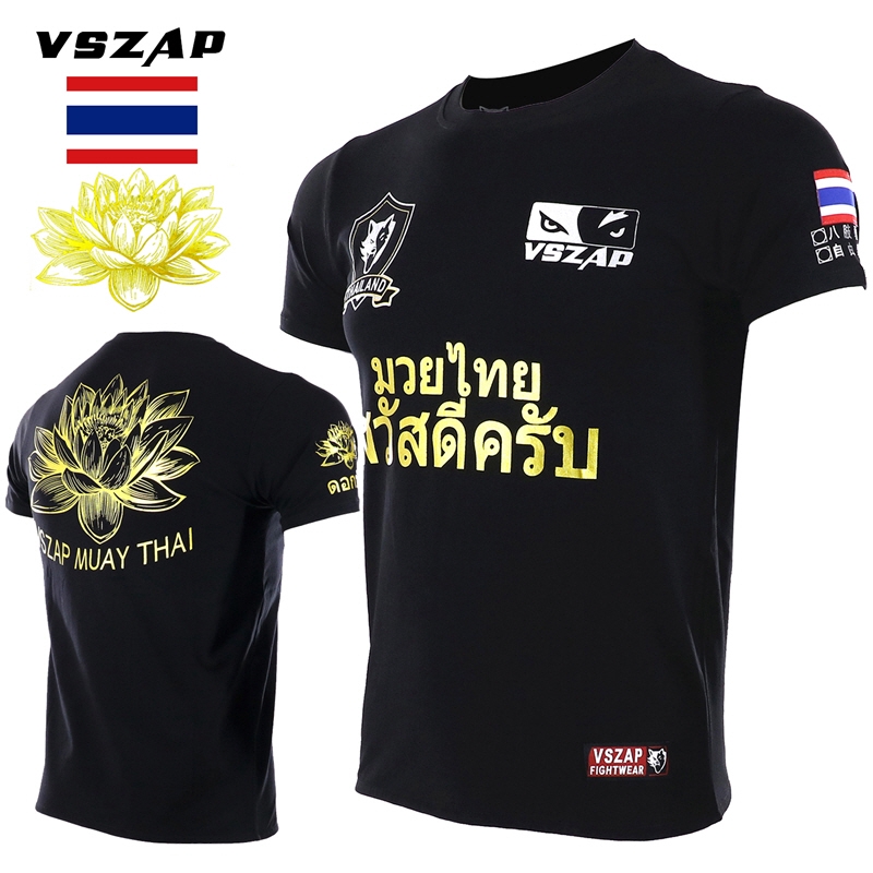 VSZAP Broadcasting Lotus ออกกำลังกายแขนสั้นเสื้อยืด MMA มวยไทยต่อสู้ ...