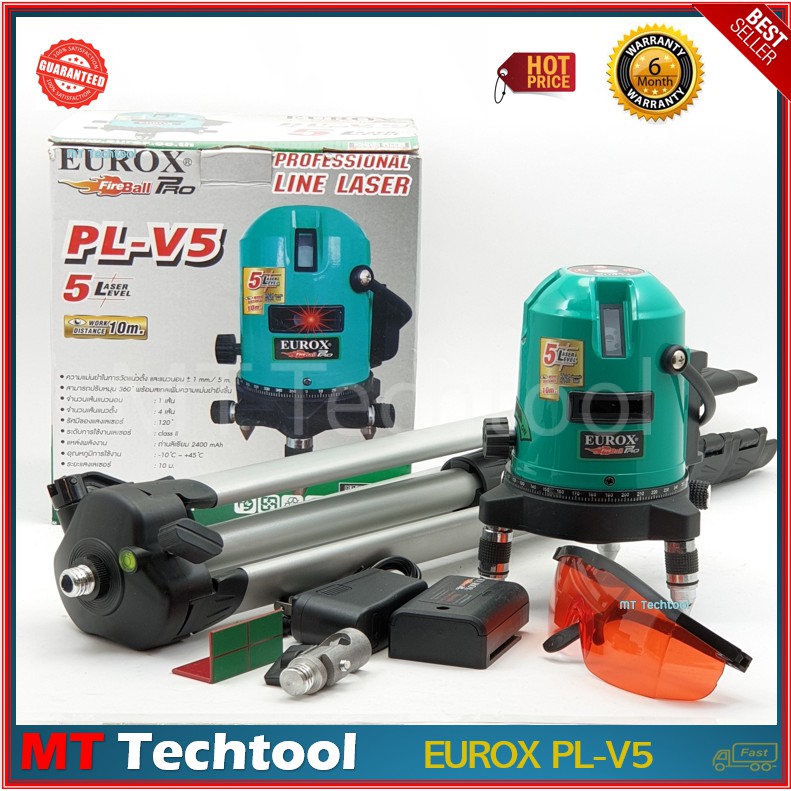 EUROX เครื่องวัดระดับเลเซอร์ 5 เส้น รุ่น PL-V5 (เลเซอร์แสงแดง) สีเขียว เหมาะสำหรับ ใช้ในงานตก ...