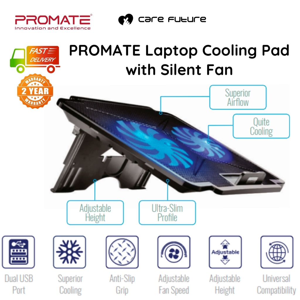 Promate แผ่นระบายความร้อนแล็ปท็อป แบบพกพา 12 นิ้ว ถึง 17 นิ้ว พร้อมพัด ...