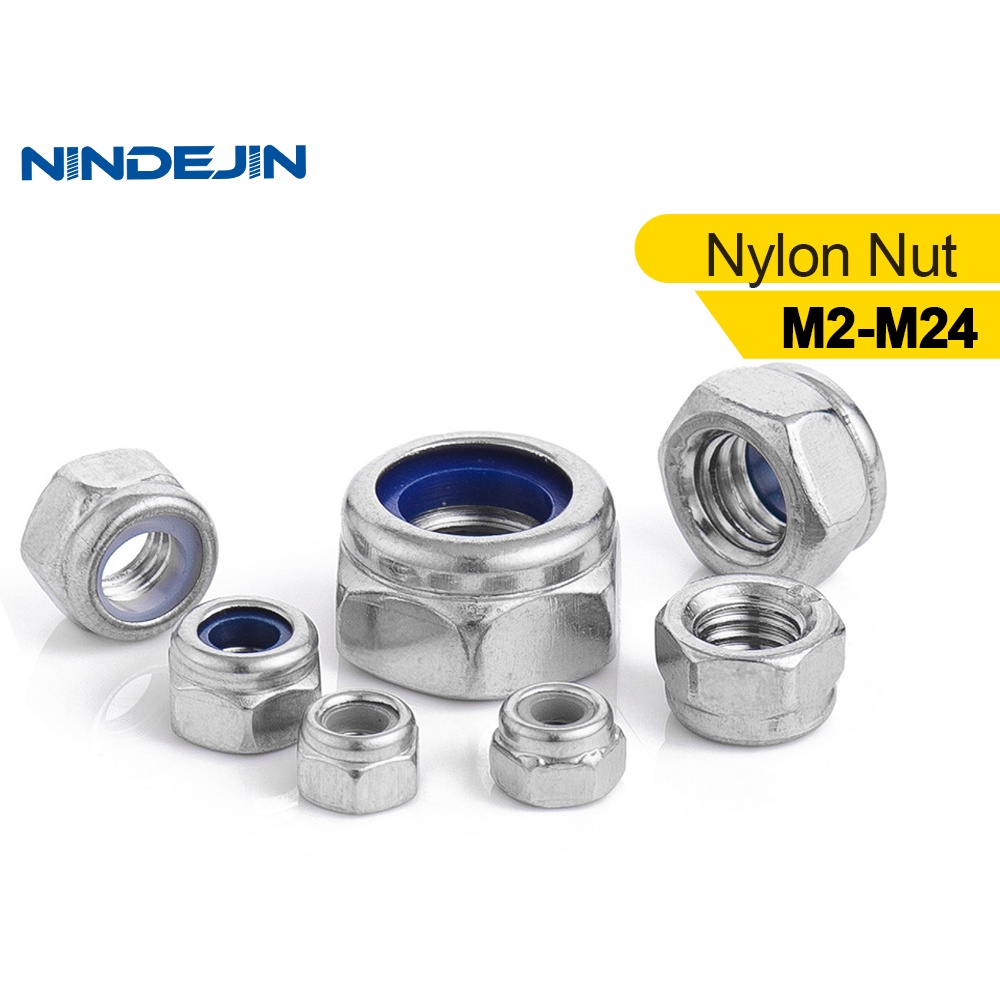 NINDEJIN ไนลอนล็อค Nut 304 สแตนเลส Hex หกเหลี่ยม Locknut M2 M2.5 M3 M4 M5 M6 M8 M10 M12 M14 M16 ...