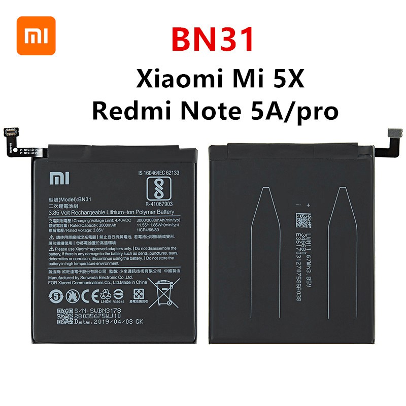 แบตเตอรี่ Xiaomi redmi Note 5A 5X Xiaomi A1 Redmi Y1 Lite S2 BN31 เปลี่ยนแบตเตอรี่ 3080mAh ...