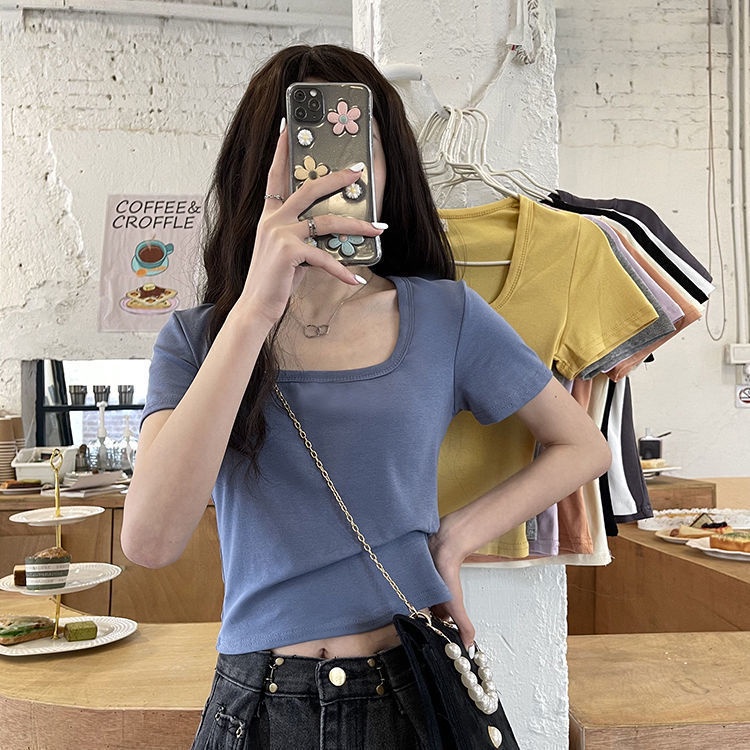 WANG JIAO ZHAN 5 สี*คอเหลี่ยม แขนสั้น เอวสูง ทรงเข้ารูป เสื้อยืดแฟชั่น ...