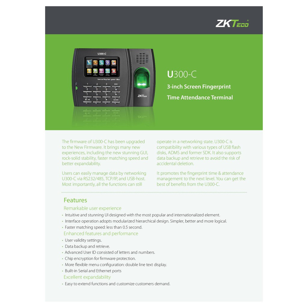 ZKTeco U300-C/K28 เครื่องสแกนลายนิ้วมือ บันทึกเวลา ส่ง Line ได้ อ่านบัตร Mifare | Shopee Thailand