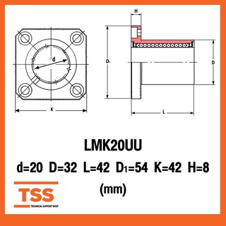 LMK20UU ลิเนียร์แบริ่งสไลด์บุชกลม หน้าแปลนสี่เหลี่ยม LMK20 UU (LINEAR ...