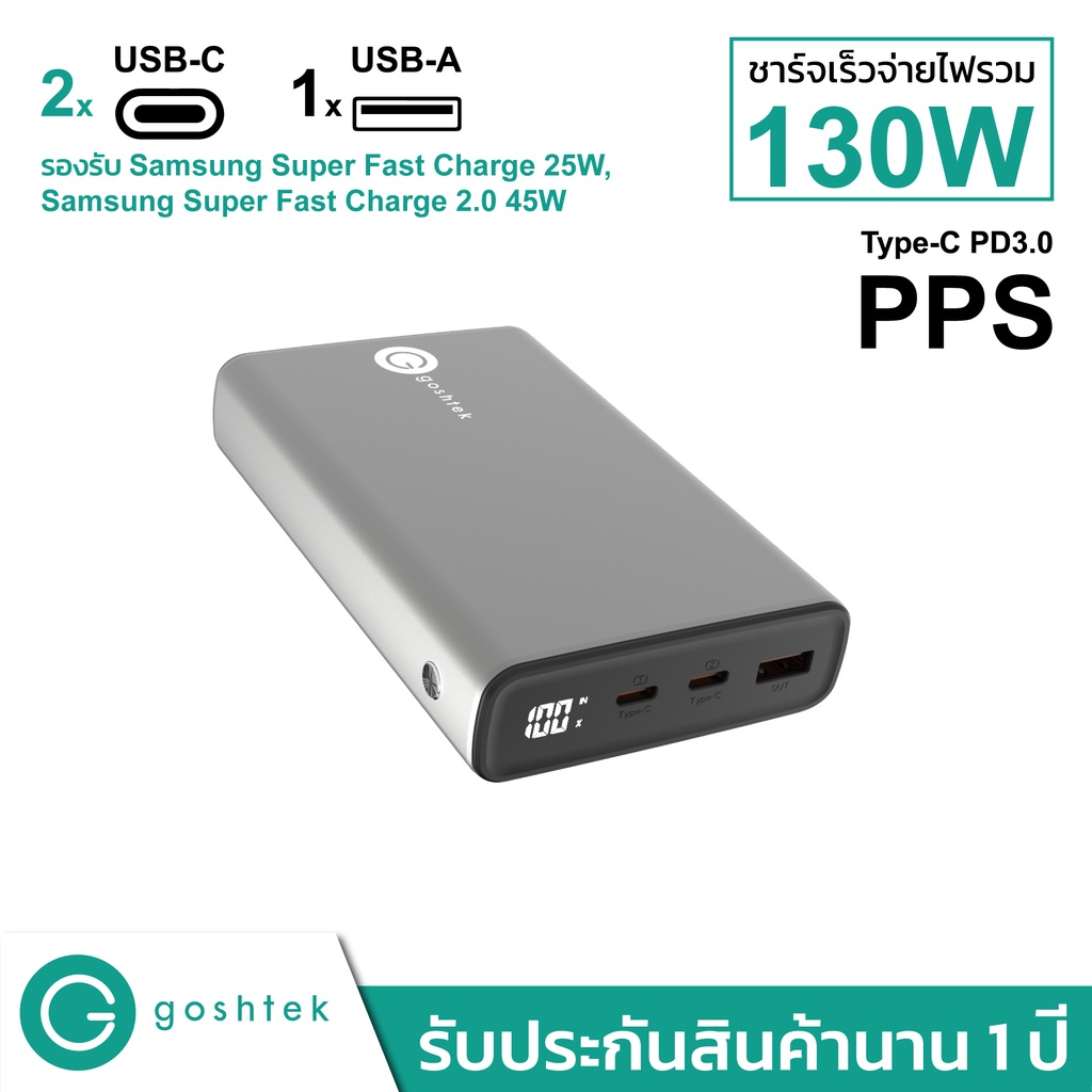 [รองรับ Samsung 45W Super Fast Charge 2.0] Goshtek 20000mAh 130W USB-C PD(PPS) Power Bank ...