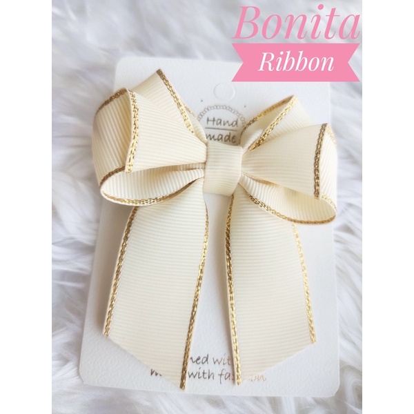 [ พรีออเดอร์ ] โบว์ผ้ากลอสเกรนสีครีม ขอบทอง สวยหรู ผ้าเนื้อดีมาก สวย ...