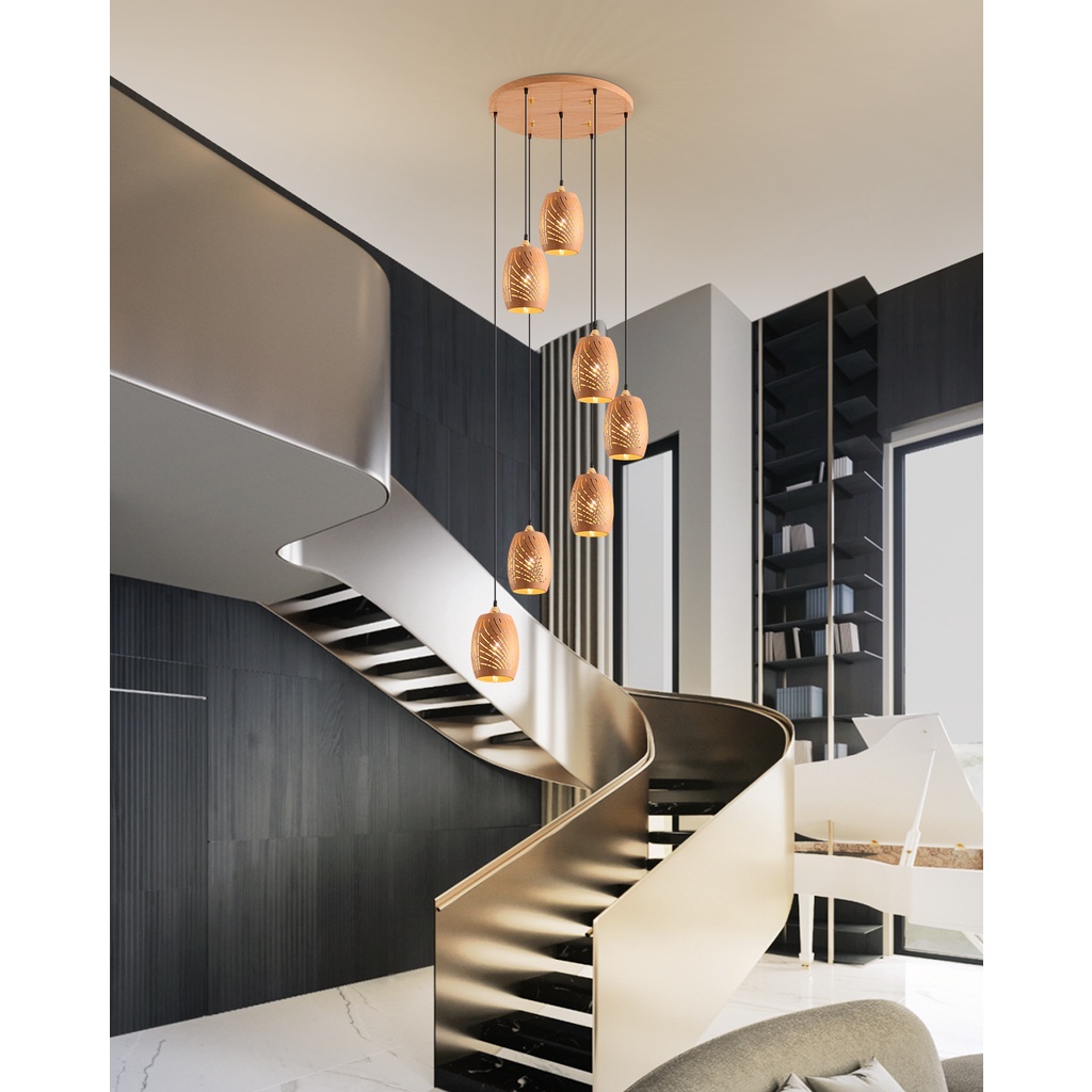 neolight-โคมไฟห้อยทรงรูปไข่ ลายไม้ ต่างระดับ 7 หัว รุ่น P07-7-แถมหลอดไฟ ...