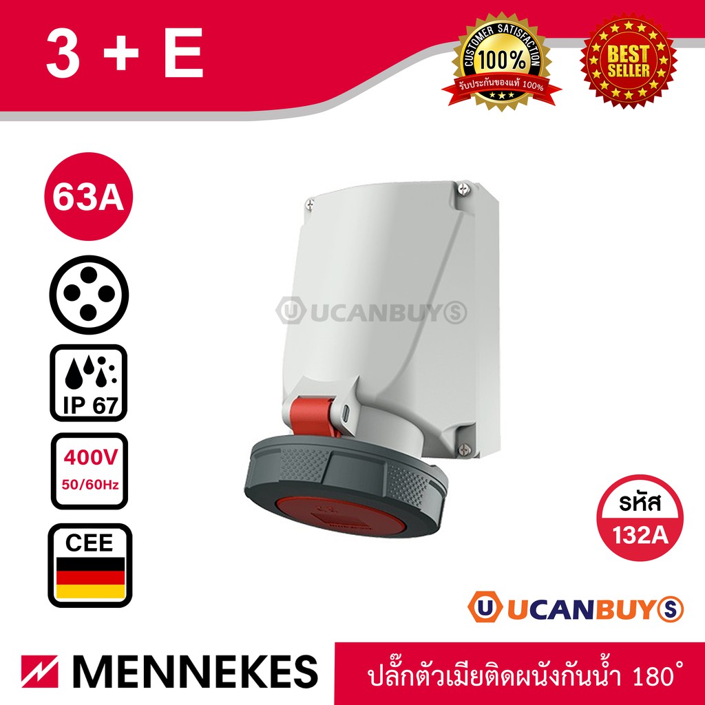 MENNEKES 132A ปลั๊กตัวเมียติดผนัง เข้าสายด้าน บน-ล่าง (3P+E) 63A 400V ...