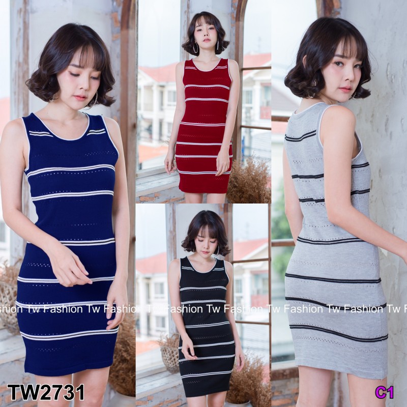 TW2731 เดรสไหมพรมแขนกุดลายริ้ว เส้นนูน | Shopee Thailand