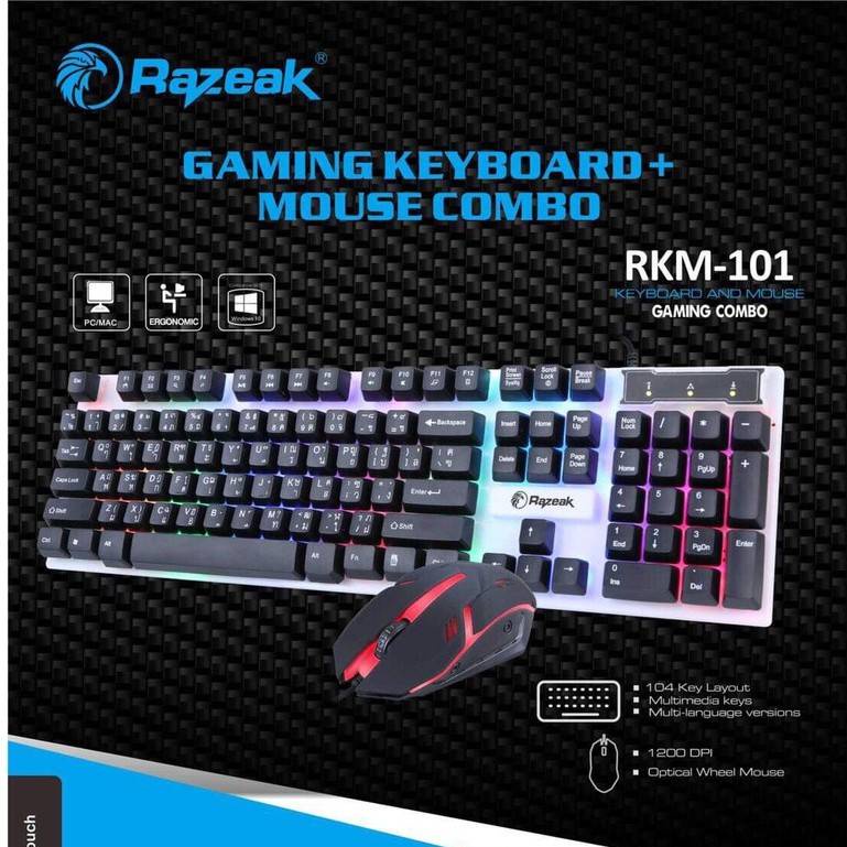 คีย์บอร์ดเกมมิ่ง เมาส์มีไฟ RAZEAK RKM-101 คีย์บอร์ดมีไฟ ชุดเมาส์ ...