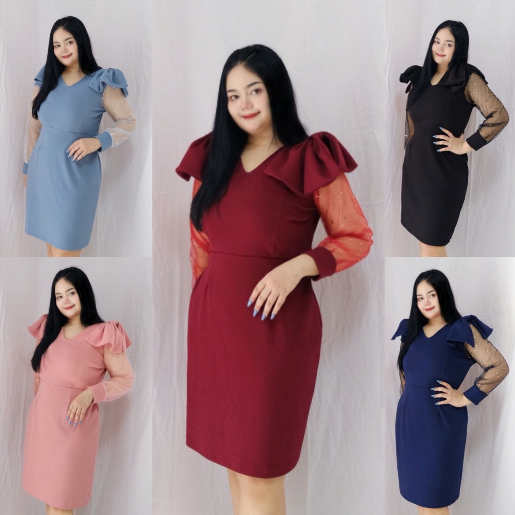 J68 เดรสสาวอวบ ผ้ายืดวูลเวฟ โบว์ยักษ์ใหล่ แขนมุ้งดาว ติดกลิตเตอร์ดาว | Shopee Thailand