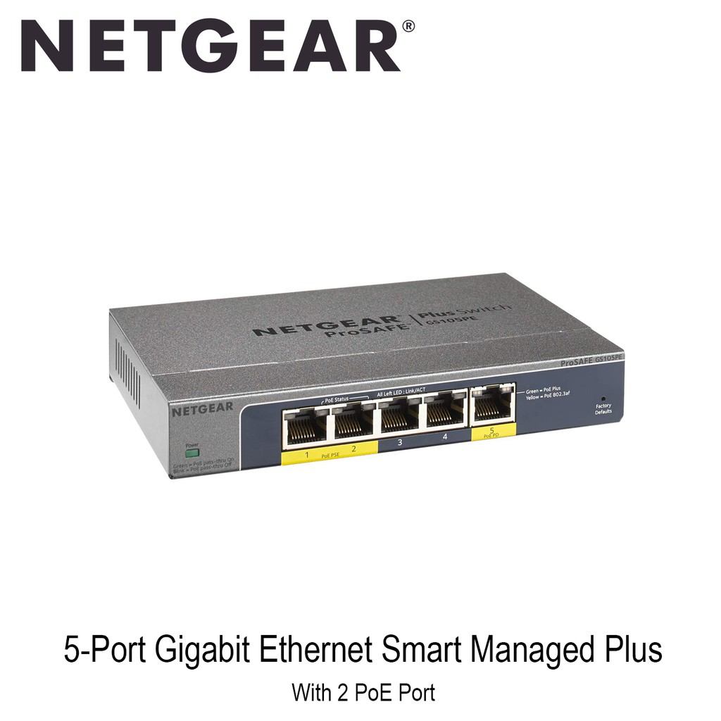 Netgear (GS105PE) 5-Port Gigabit Ethernet Smart Managed Plus with PoE ...