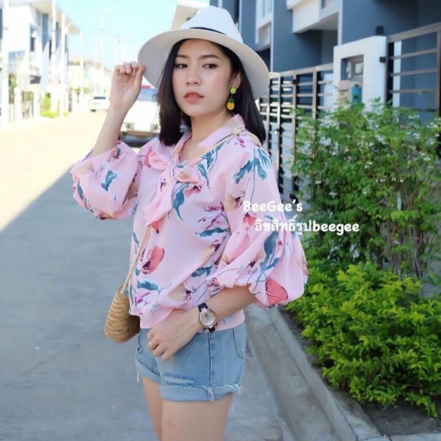 B0025 เสื้อพิมพ์ลาย แขนบอลลูน | Shopee Thailand