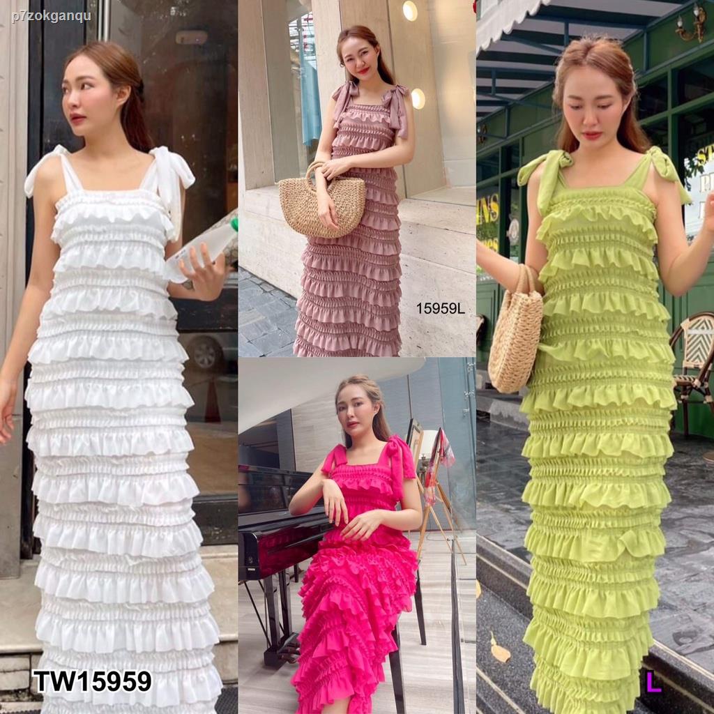 ┇₪เดรสผูกไหล่ระบายชั้น TT15959 Layered ruffled shoulder dressZV ...