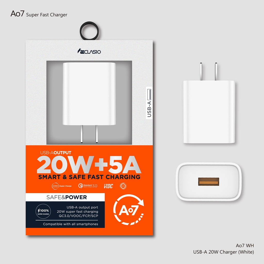 NEW Ao7ชุดหัวปลั๊กชาร์จเร็ว 5A QC 3.0 3AWall Charge 20W 1 Port พร้อมสาย ...