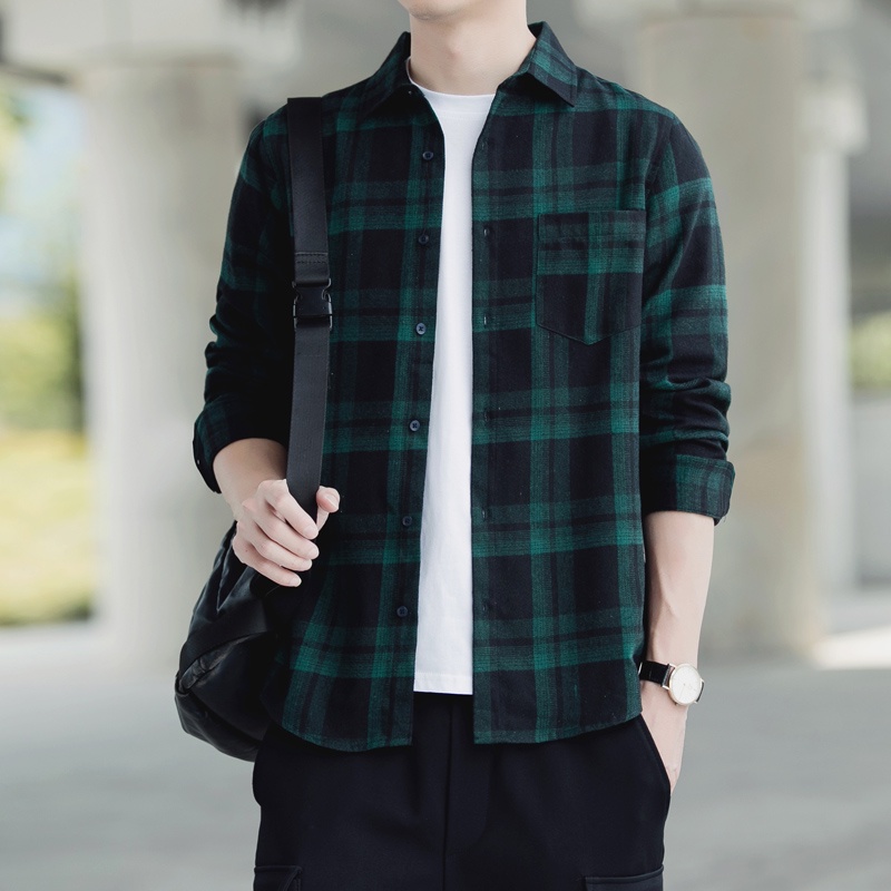 เสื้อเชิ้ตแขนยาว ลายสก๊อต สไตล์เกาหลี แฟชั่นสําหรับผู้ชาย ไซซ์ M 4xl