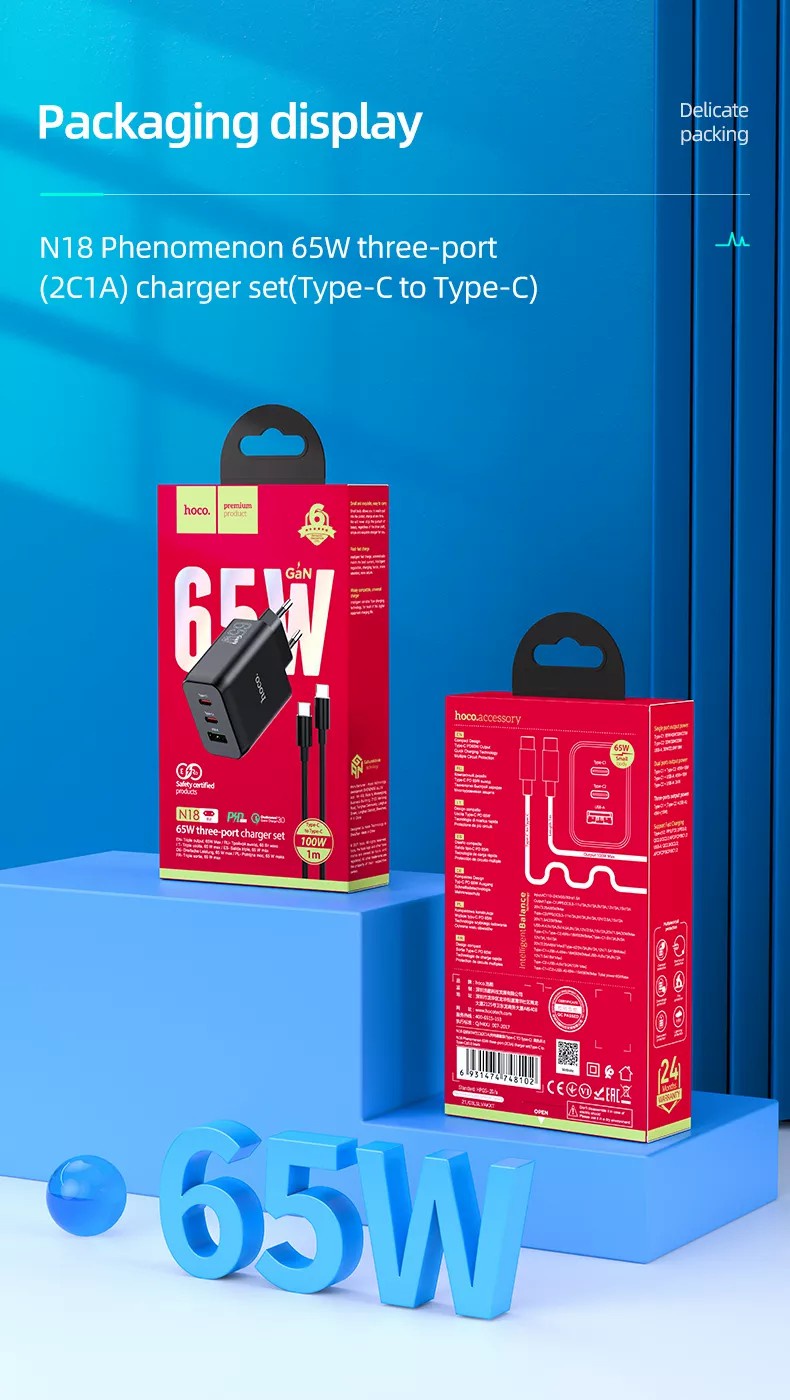 Hoco N18 65W GaN wall charger 3ช่อง ชุดชาร์จเร็ว GaN (Type-C ถึง Type-C ...
