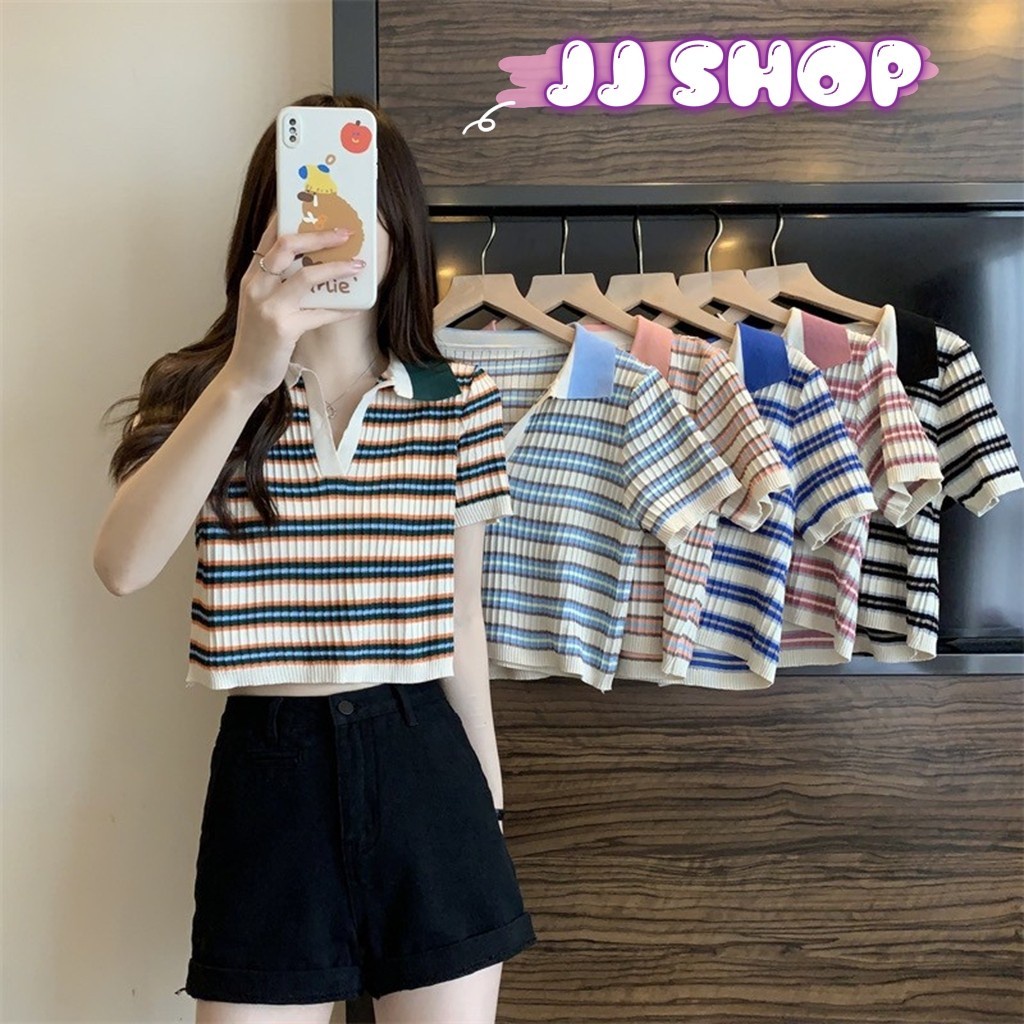 JJ shop💜 พร้อมส่ง เสื้อแขนสั้นไหมพรมคอปก ดีเทลแหวกลึกลายทางสีน่ารัก "29031" -N | Shopee Thailand