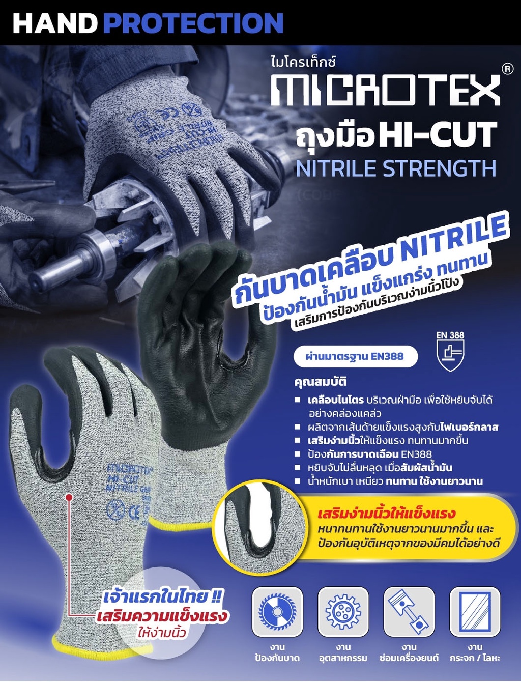 MICROTEX HI-CUT Nitrile Strength(1 คู่)ถุงมือกันบาดเคลือบไนไตร เสริม ...