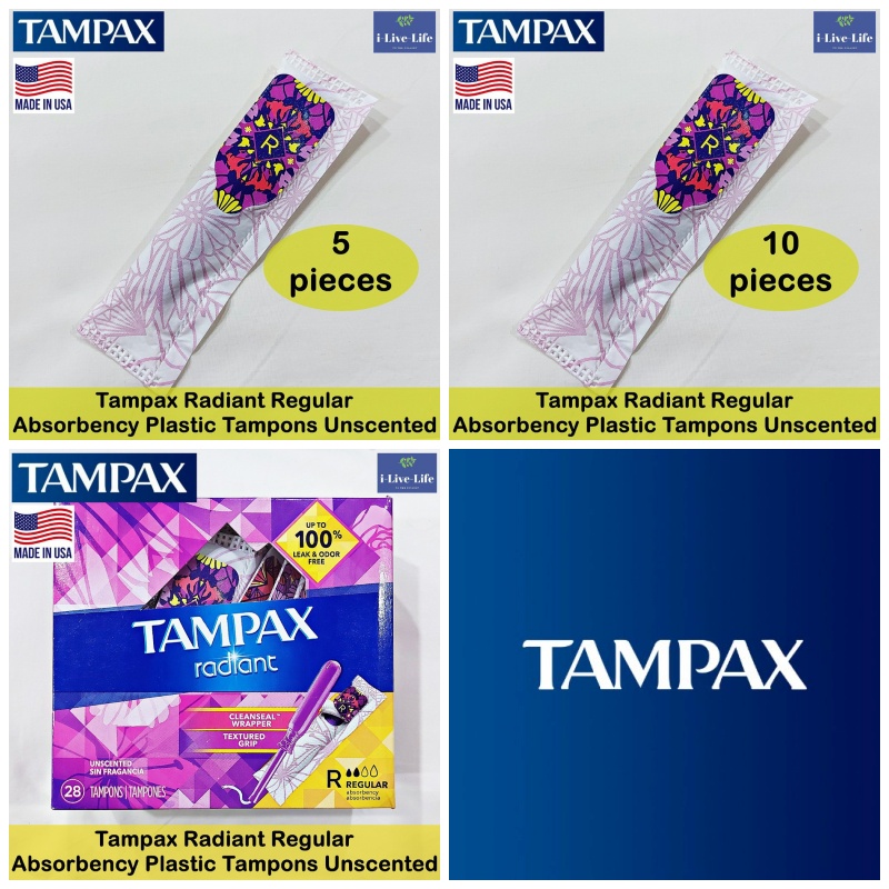 Tampax - Radiant Regular Plastic Tampons 5, 10, 28 Count ผ้าอนามัยแบบ ...