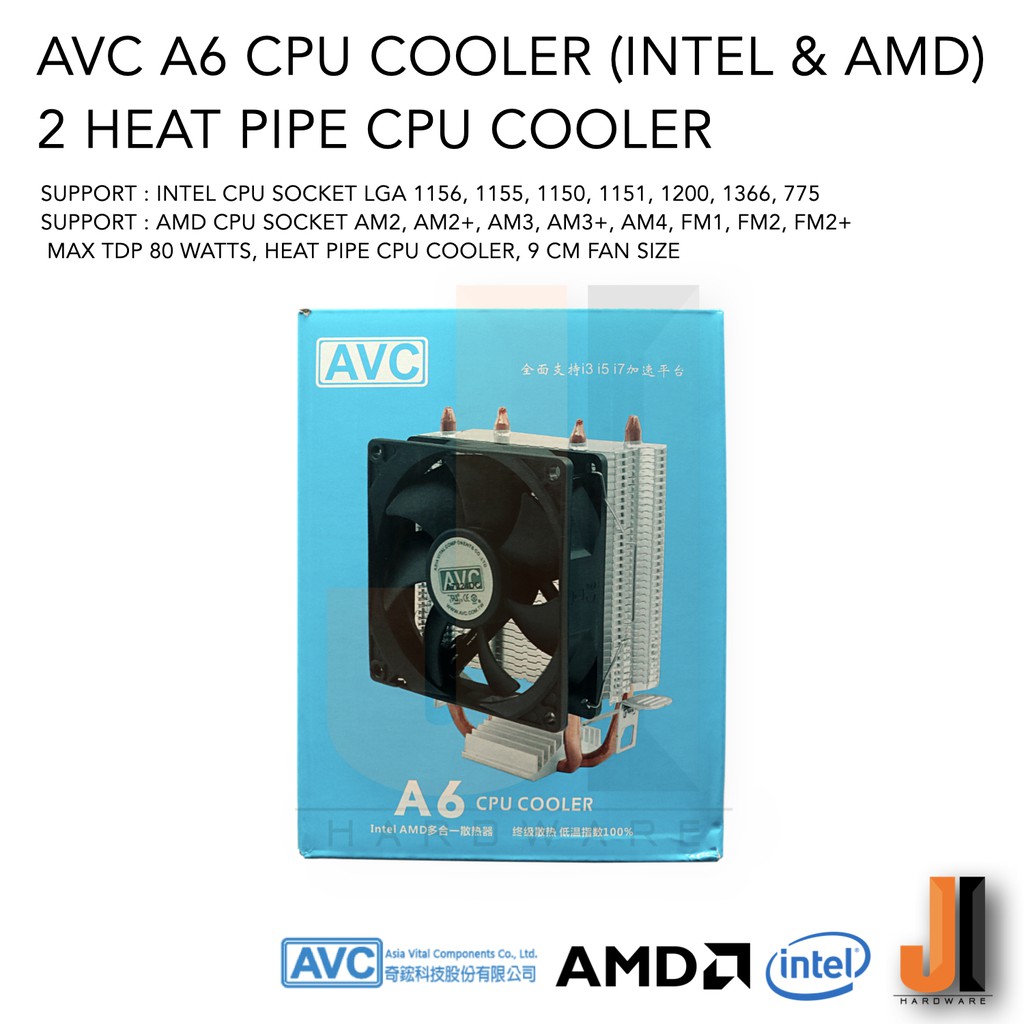 AVC A6 CPU Cooler For Intel and AMD CPU 2 Heat Pipe with 9 cm Fan ...