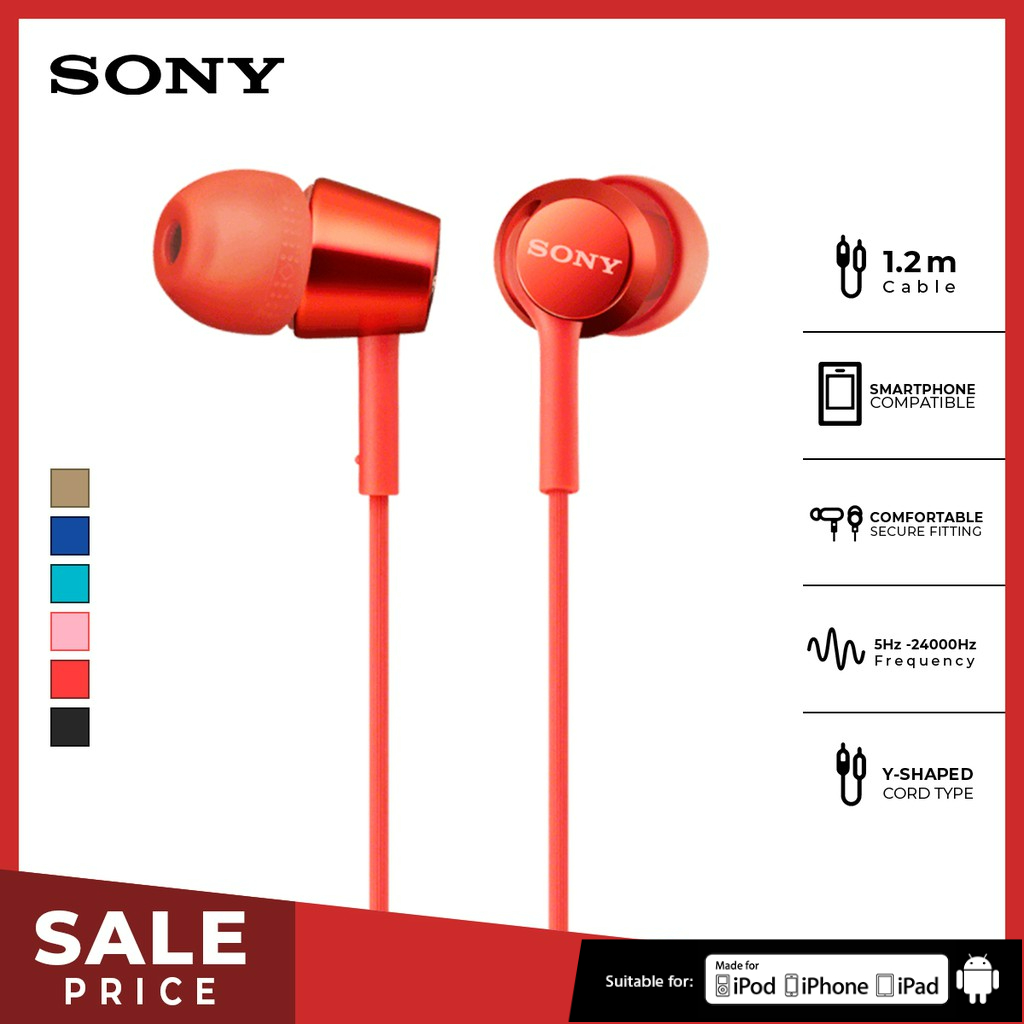 Sony MDR-EX155AP หูฟังอินเอียร์ แฮนด์ฟรี พร้อมไมโครโฟน สีแดง ของแท้ ...
