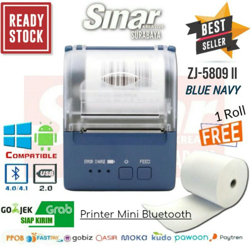 BLUETOOTH THERMALT PRINTER 58MM MINI CASHIER PORTABLE ZJ-5809 (BLUE NAVY) PRINT STRUCK AND RESI ...