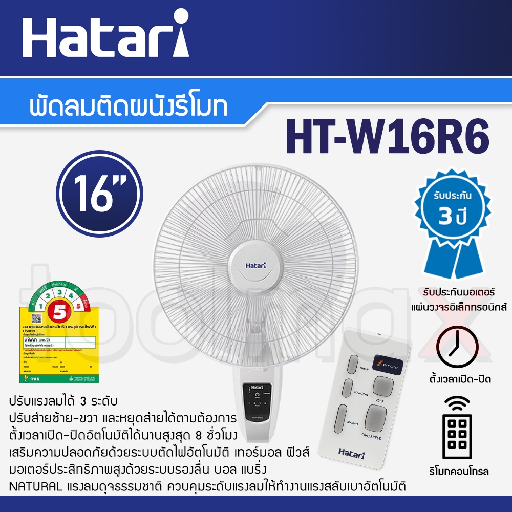 Hatari พัดลมติดผนัง พร้อมรีโมท 16 นิ้ว รุ่น HT-W16R6 สีขาว | Shopee ...