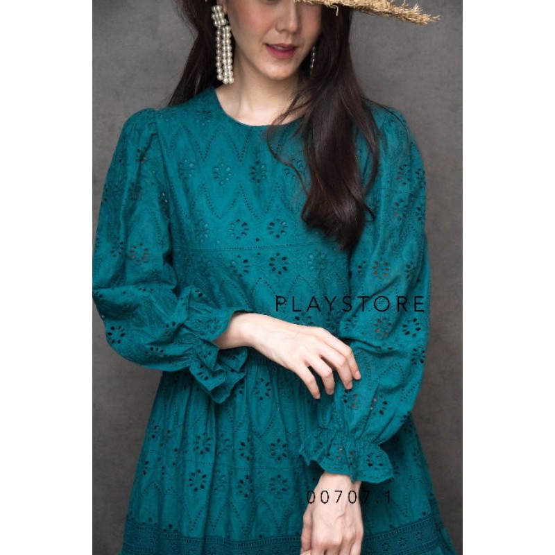 🏷️Mirrorsister #00707.1 เดรสยาวปักฉลุ ชุดทำบุญ เดรสลูกไม้ ชุดไปงาน เข้า ...