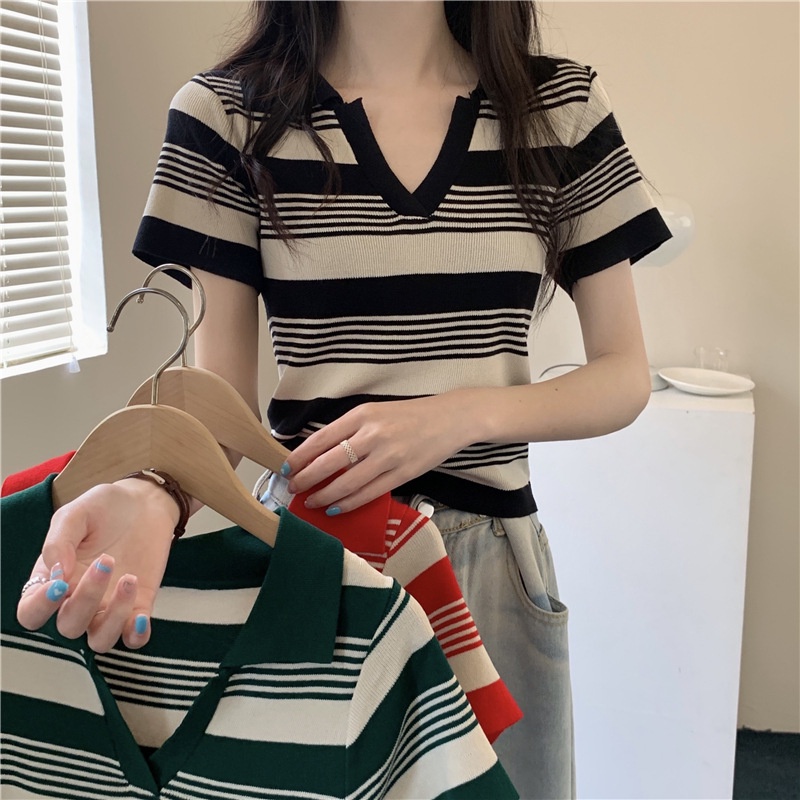 【WANG JIAO ZHAN】 เสื้อครอปท็อป คอโปโล ผ้าถัก ลายทาง | Shopee Thailand