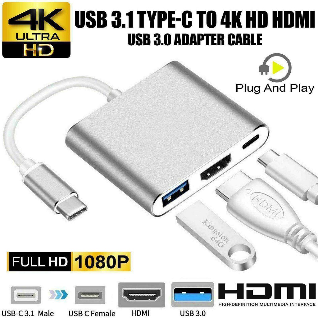 4 IN 1 USB C to HDMI Adapter 4K Type-C to HDMI / VGA / PD / USB 3.0 Port + USB C Female Port ...