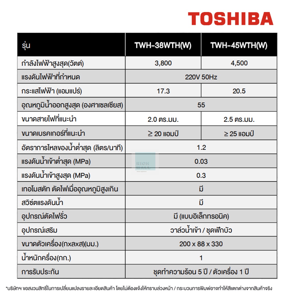TOSHIBA เครื่องทำน้ำอุ่น 3800 วัตต์ TWH-38WTH (รับประกันศูนย์ 5 ปี ...