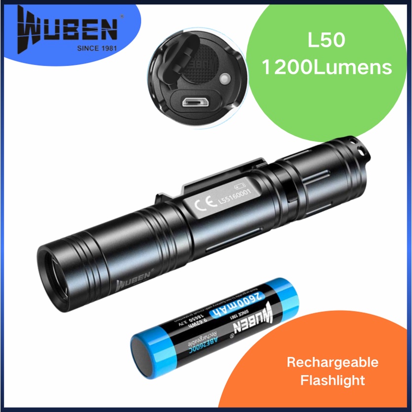 Wuben L50 ไฟฉาย Led 5 โหมด แบบพกพา ชาร์จไฟได้ | Shopee Thailand