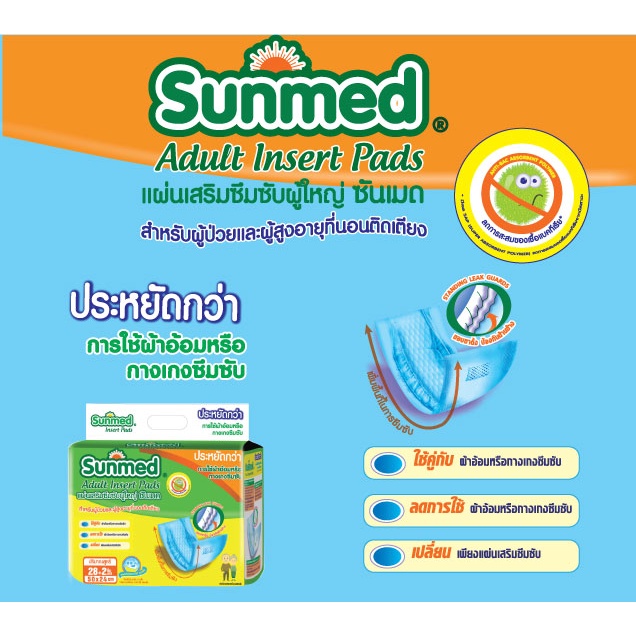 Sunmed แผ่นเสริมซึมซับ ซันเมด ขนาด 50x24 cm. ซับของเหลวได้ 500cc. (28+2 ...