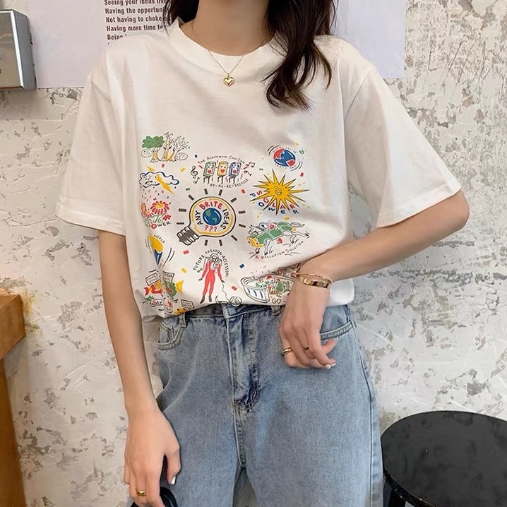 【WANG JIAO ZHAN】3 ตัวเลือก*ฤดูร้อนเกาหลีหลวมพิมพ์เสื้อป่า | Shopee Thailand