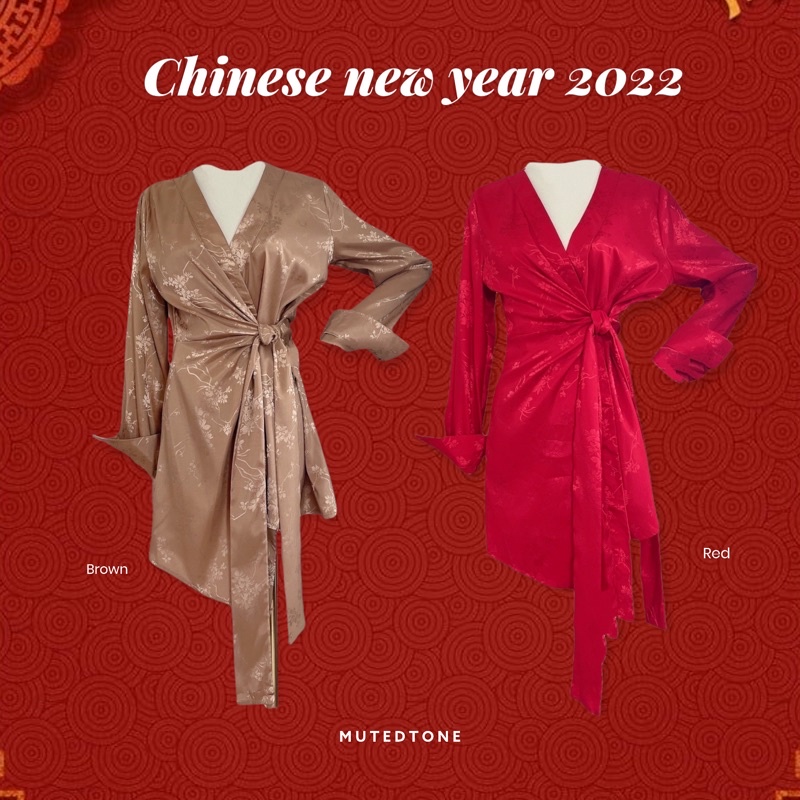 Mute - Chinese new year เสื้อคอวี แขนยาว ติดกระดุมชายแขน ผูกเอว เสื้อ ...