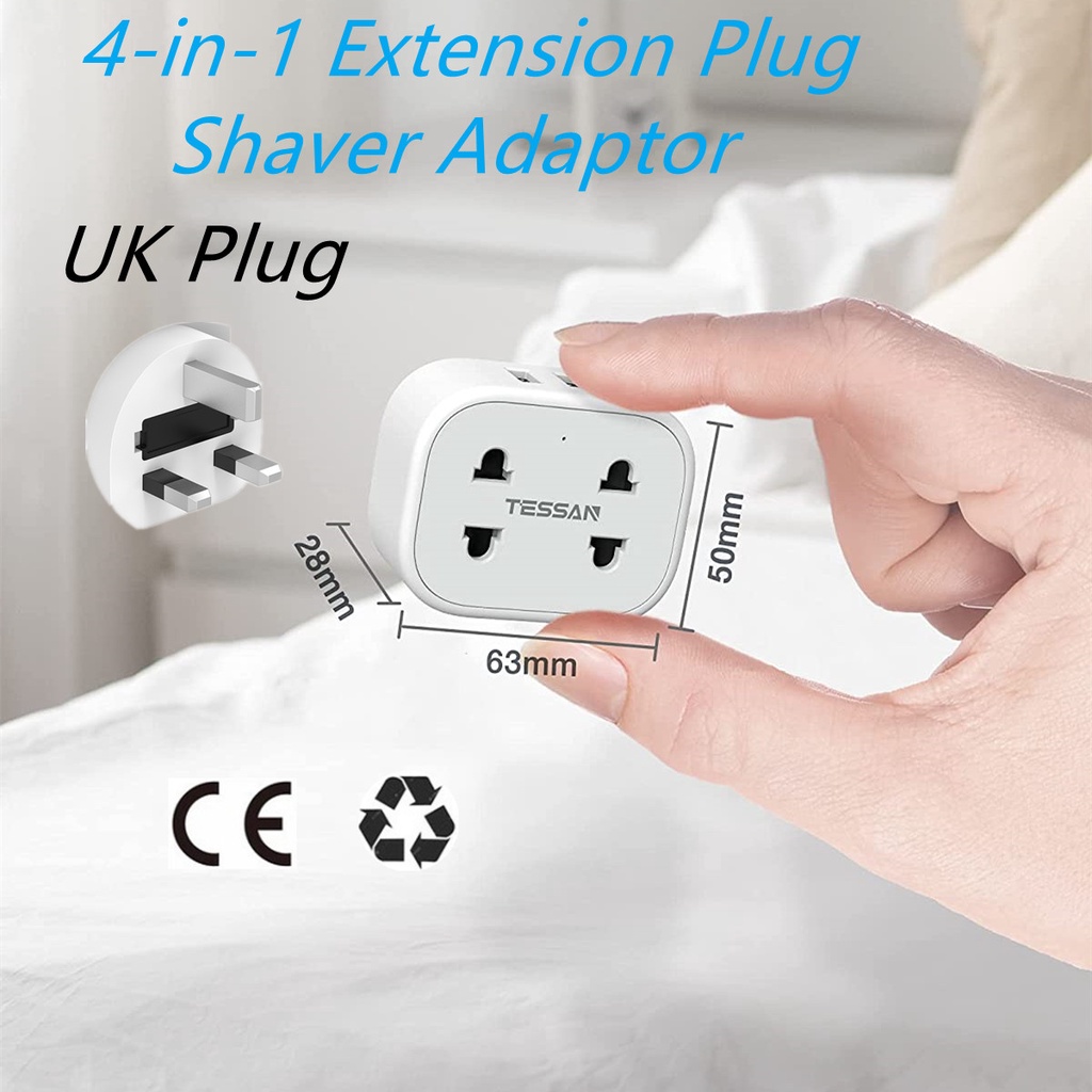 TESSAN TS262 Extension Plug UK Power Socket Shaver Plug Adaptor With 2 ...