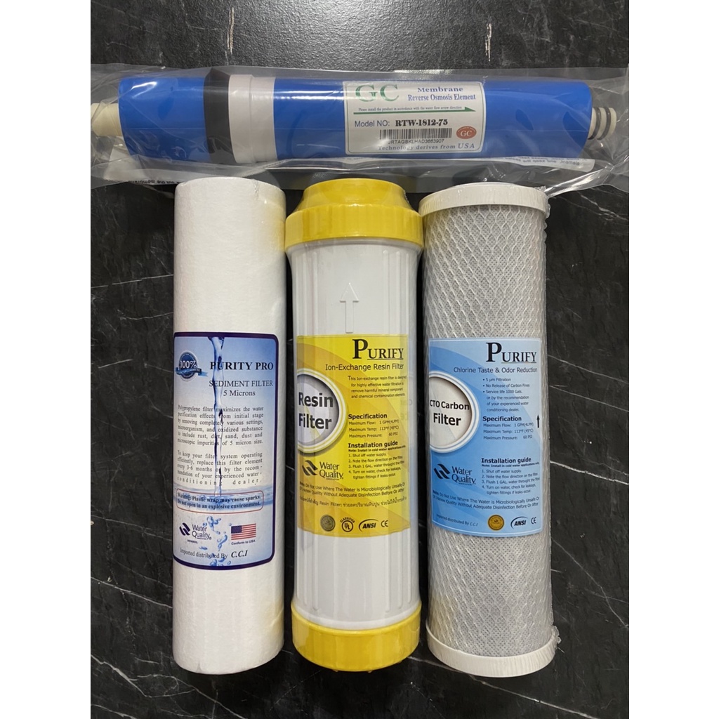 ไส้กรองน้ำ RO 4 ขั้นตอน 10 นิ้ว (PP,เรซิ่น,CTO,เมมเบรน 100GPD)สำหรับ ...