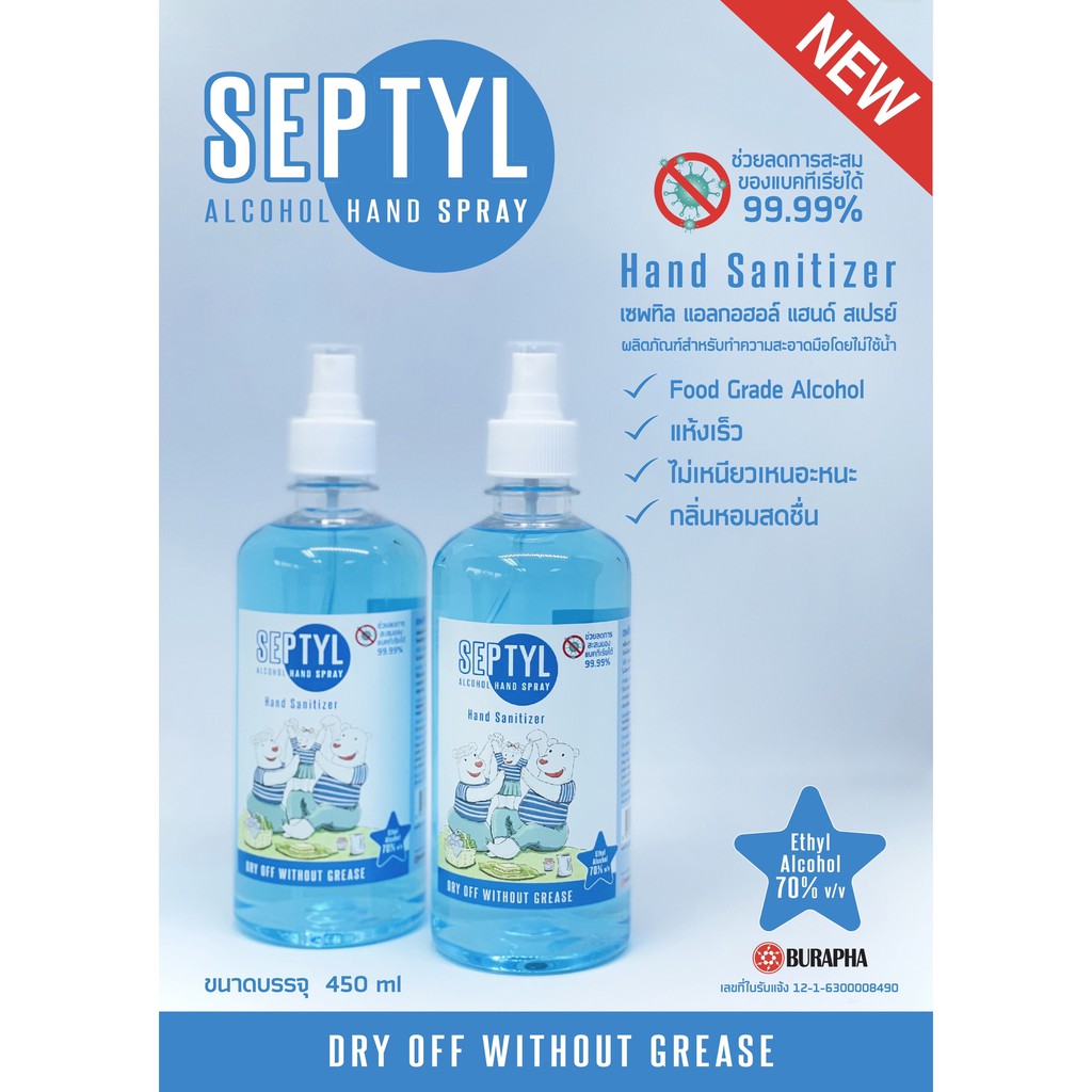 แอลกอฮอล์สเปรย์ 70% Septyl Alcohol Hand Spray 450ml + หัวสเปรย์ [ Food ...