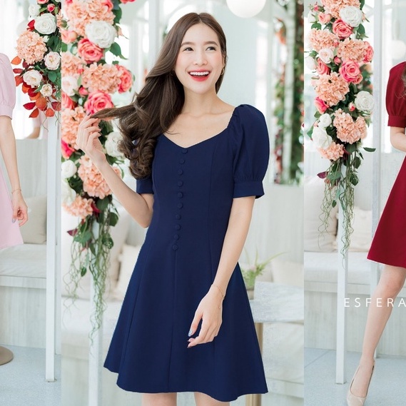 เดรสออกงาน ทำงาน ผ้าเปเป้เนื้อผ้าดี คอแต่งหยัก แขนป่องทรงตุ๊กตา จั๊มไหล่ DR039-2 | Shopee Thailand