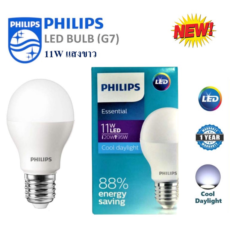 Philips หลอดไฟ LED Bulb 11W Essential Cool Daylight แสงขาวเดย์ไลท์ ขั้วเกลียว E27 | Shopee Thailand