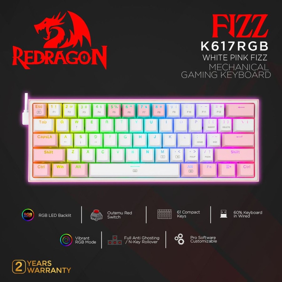 Redragon K617RGB คีย์บอร์ดเกมกล 60% สีขาว PINK FIZZ | Shopee Thailand