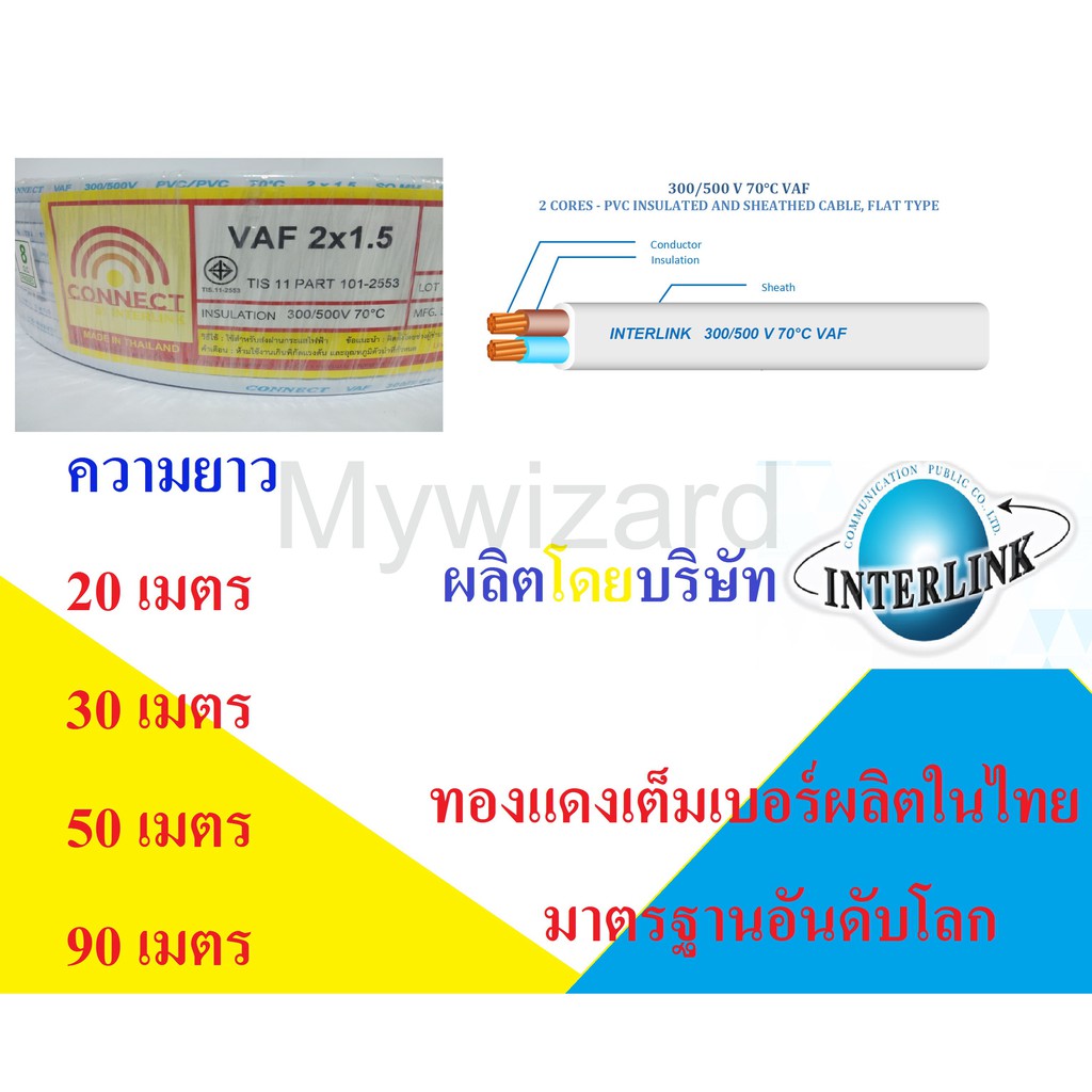 สายไฟ VAF สายคู่ 2x1.5 มี 20M 30M 50M 90M ยี่ห้อConnertในการผลิตinterlink มอก.TIS 11 Part 101 ...