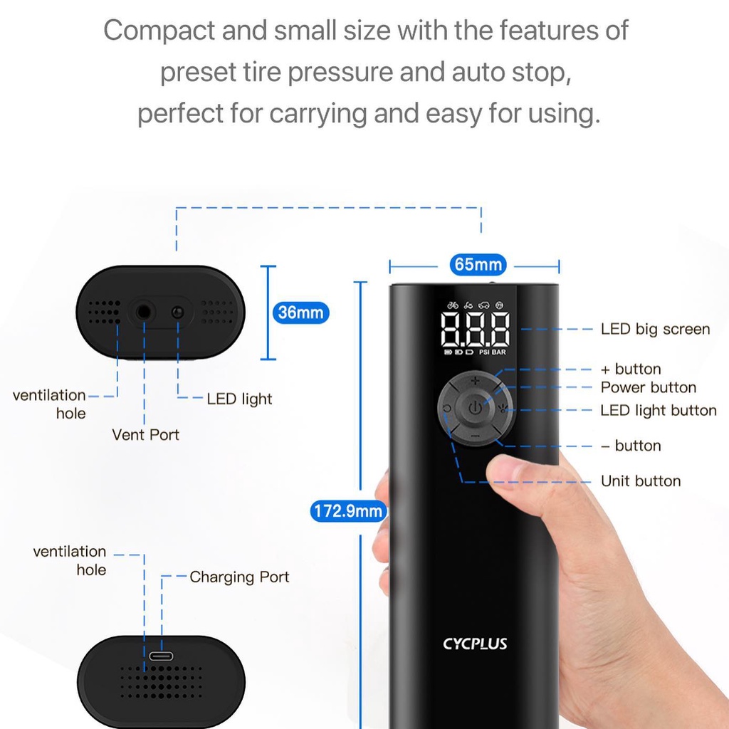 สูบลมจักรยานไฟฟ้า Cycplus Air Pump A8 แรงดันสูง 150 Psi เสือหมอบ ...