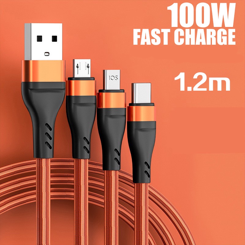 ReadyStock 100W Super Fast Charger Cable 6A 3 in 1 Charger Cable Micro ...