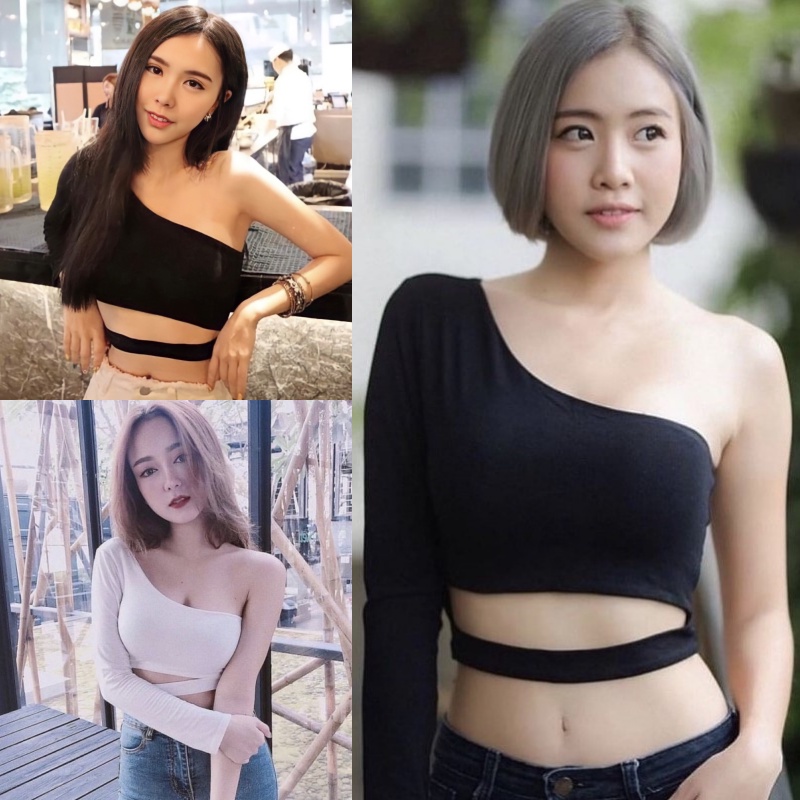 🌈Spinny House🌈 ครอปเบี่ยงไหล่เอวลอย เสื้อเบี่ยงไหล่💓 แซ่ปเปิดไฟหน้ารอเลย ดีเทลสายพันเอว 🌈รุ่น ...