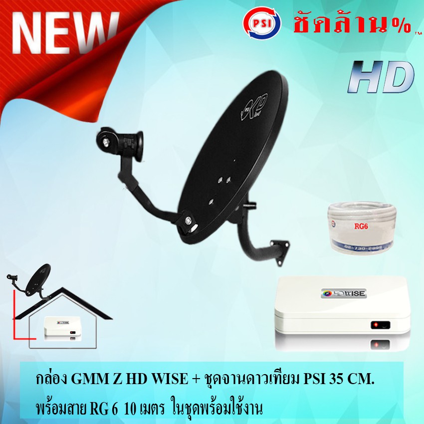 ชุดจานดาวเทียม PSI OKD 35 cm.ยึดผนัง + GMM Z HD WISE กล่องจีเอ็มเอ็ม แซท รุ่น HD WISE พร้อมสาย ...