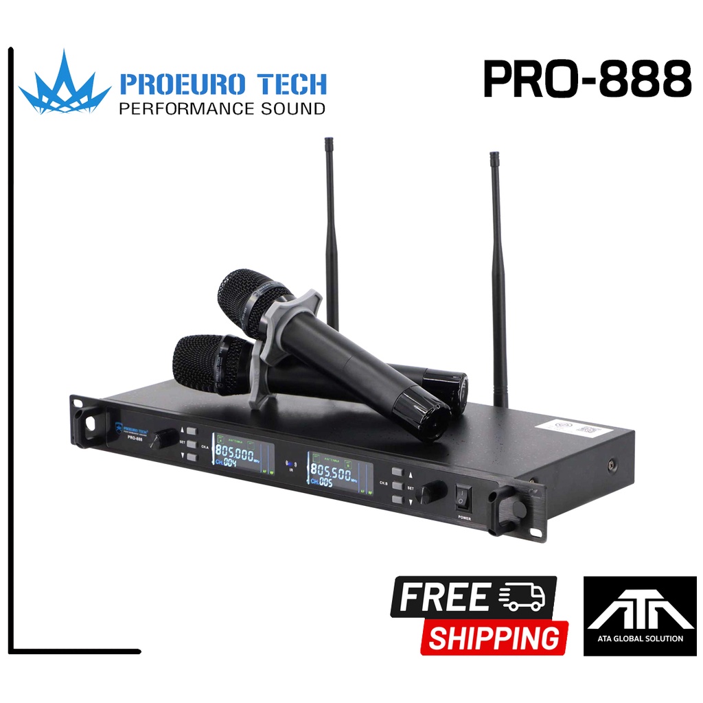 PROEUROTECH PRO-888 ไมค์ลอยคู่ ไมค์โครโฟนไร้สาย ปรับความถี่ได้ คลื่นความถี่ UHF โปรยูโรเทค PRO ...
