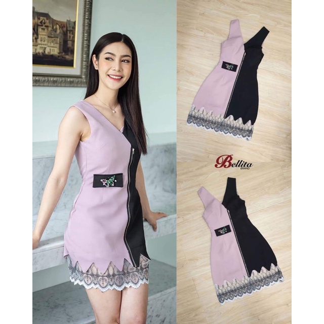 เดรส ทูโทน คอวี น่ารักๆ bellita M | Shopee Thailand